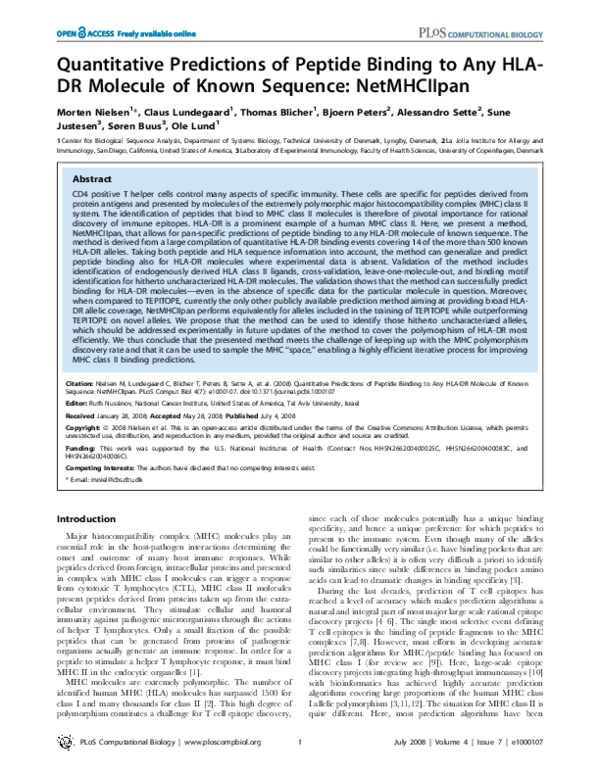 (PDF) Quantitative Predictions of Peptide Binding to Any HLA-DR Molecule of Known Sequence ...