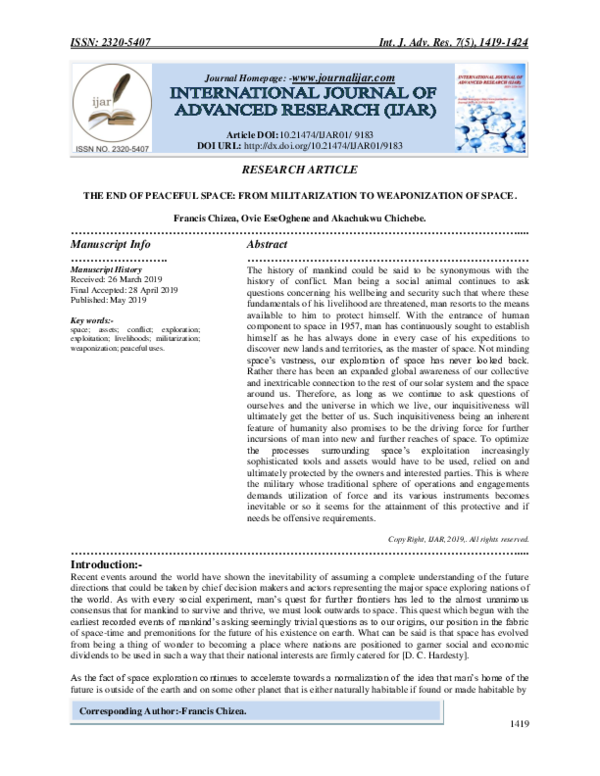 (PDF) The End of Peaceful Space: From Militarization to Weaponization ...