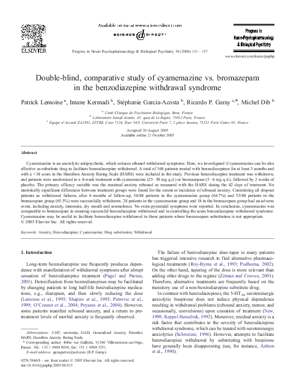 (PDF) Double-blind, comparative study of cyamemazine vs. bromazepam in ...