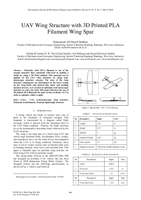 (PDF) UAV Wing Structure with 3D Printed PLA Filament Wing Spar
