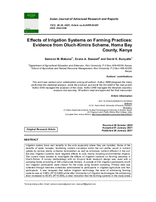 (PDF) Effects of Irrigation Systems on Farming Practices: Evidence from ...
