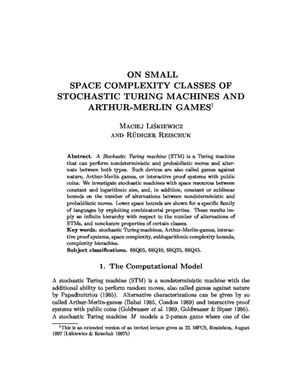 (PDF) On small space complexity classes of stochastic Turing machines and Arthur-Merlin-games ...
