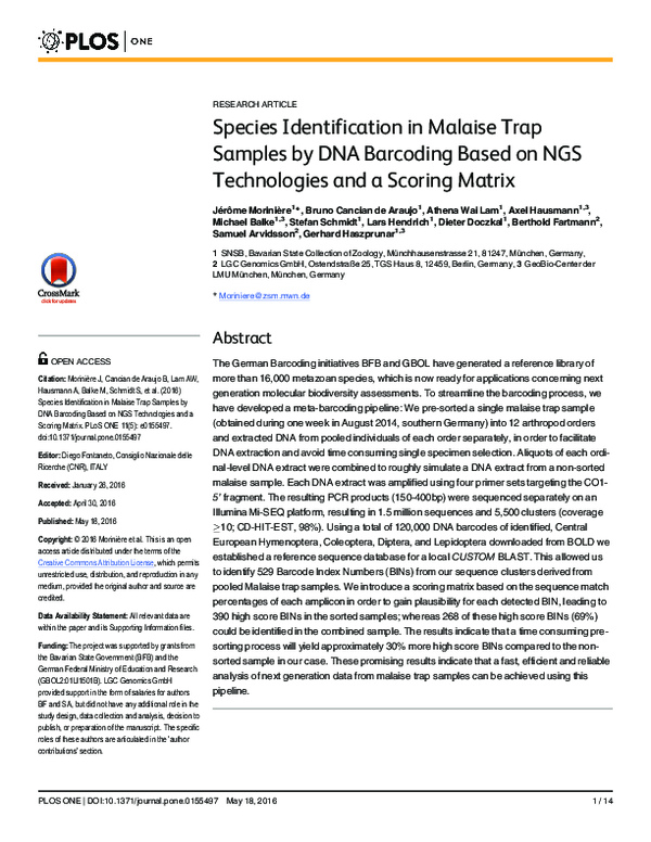 (PDF) Species Identification in Malaise Trap Samples by DNA Barcoding ...
