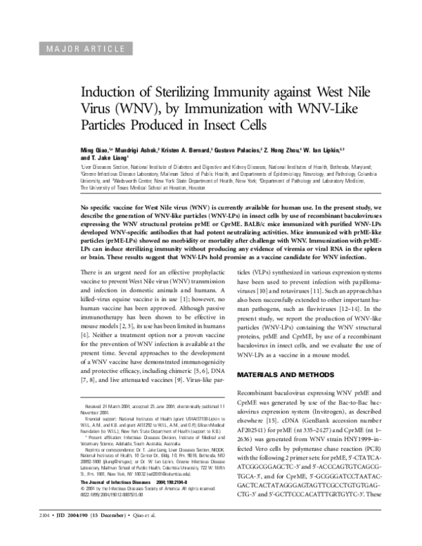(PDF) Induction of Sterilizing Immunity against West Nile Virus (WNV ...