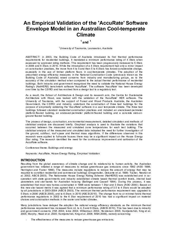 (PDF) An empirical validation of the 'AccuRate' software envelope model in an Australian cool ...