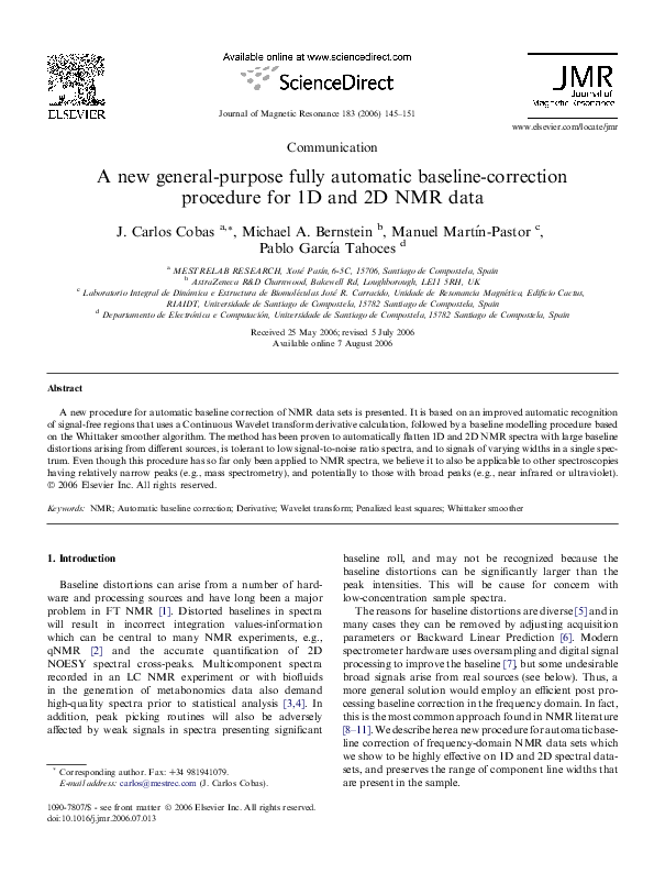 Pdf A New General Purpose Fully Automatic Baseline Correction Procedure For 1d And 2d Nmr Data