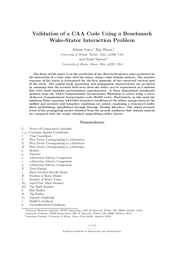 Pdf Validation Of A Caa Code Using A Benchmark Wake Stator
