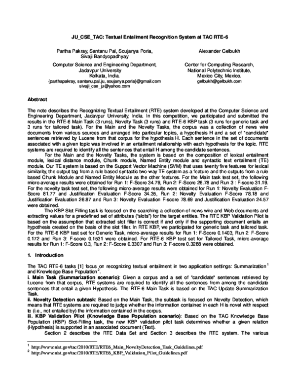 Pdf Ju Cse Tac Textual Entailment Recognition System At Tac Rte 6