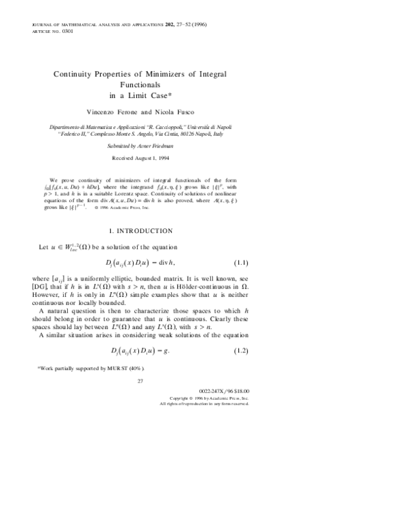 (PDF) Continuity Properties of Minimizers of Integral Functionals in a Limit Case