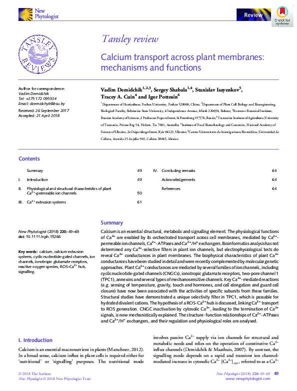 (PDF) Calcium transport across plant membranes: mechanisms and ...