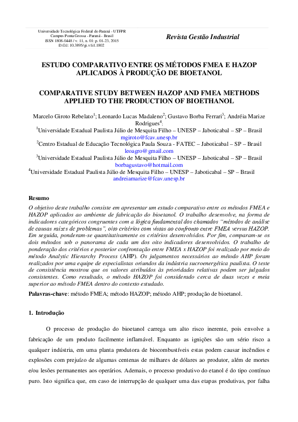 (PDF) Estudo Comparativo Entre Os Métodos Fmea e Hazop Aplicados À ...