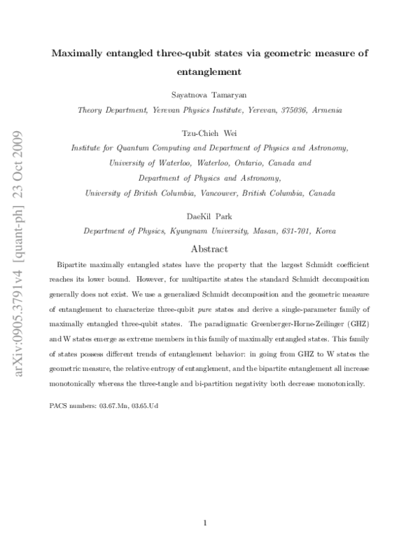 (PDF) Maximally entangled three-qubit states via geometric measure of ...
