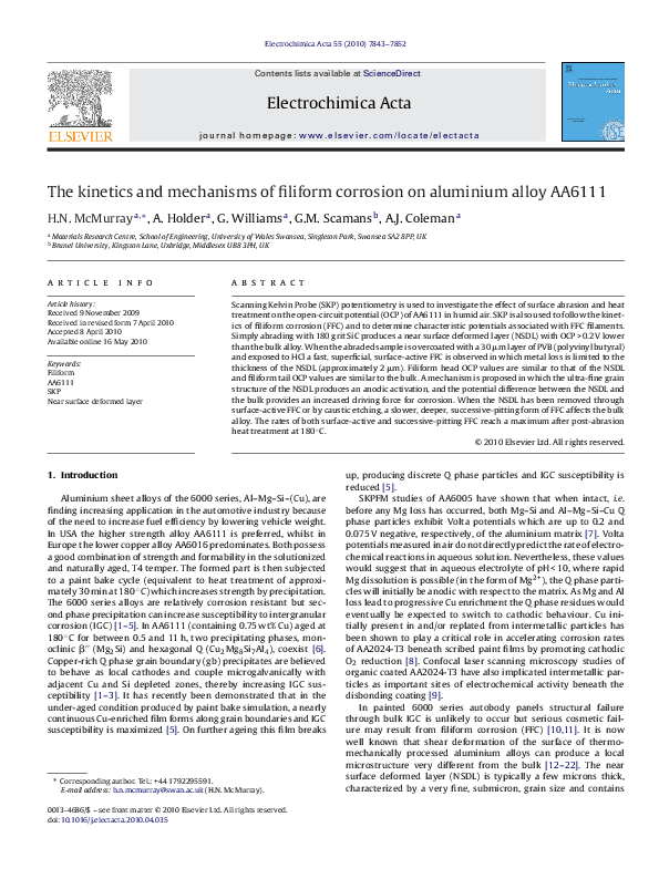 (PDF) The kinetics and mechanisms of filiform corrosion on aluminium ...