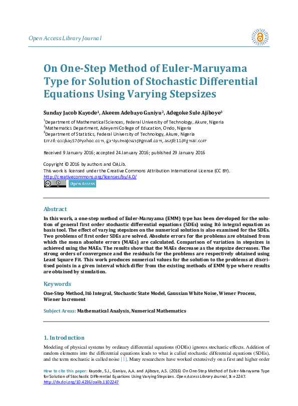 Pdf On One Step Method Of Euler Maruyama Type For Solution Of Stochastic Differential