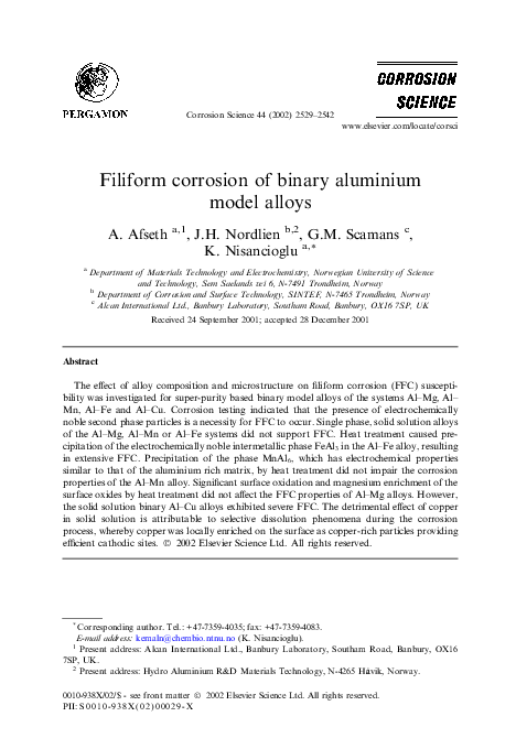 (PDF) Filiform corrosion of binary aluminium model alloys