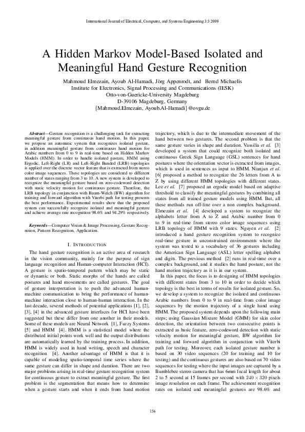 (PDF) A Hidden Markov Model-Based Isolated and Meaningful Hand Gesture Recognition