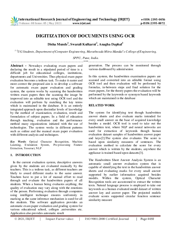 (PDF) IRJET- DIGITIZATION OF DOCUMENTS USING OCR