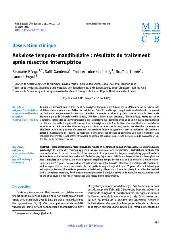 (PDF) Ankylose temporo-mandibulaire : résultats du traitement après ...