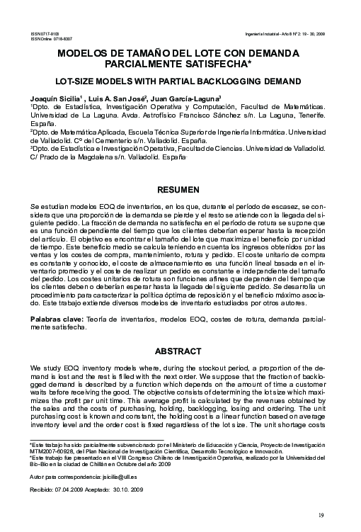 (PDF) Modelos De Tamaño Del Lote Con Demanda Parcialmente Satisfecha Lot-Size Models with ...