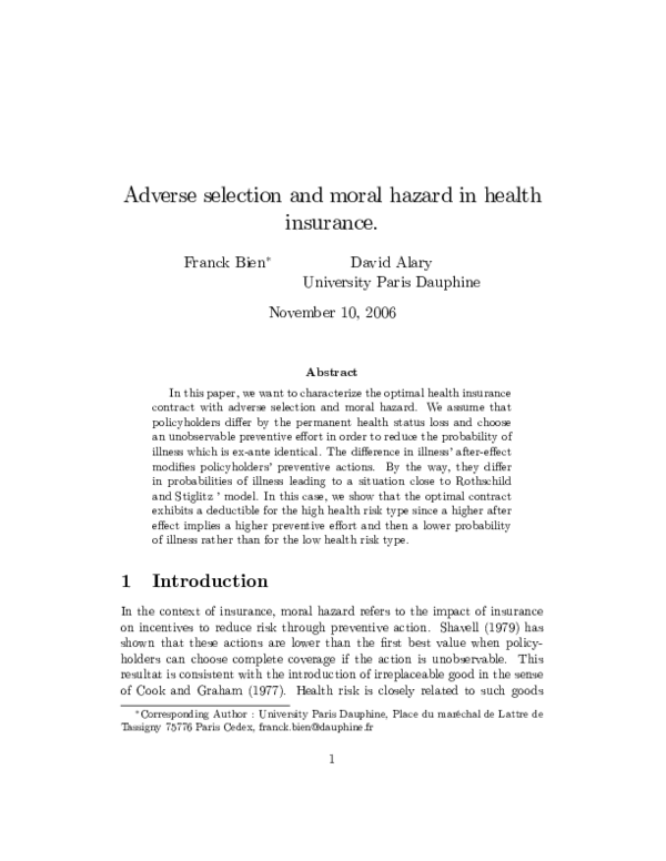 (PDF) Adverse selection and moral hazard in health insurance