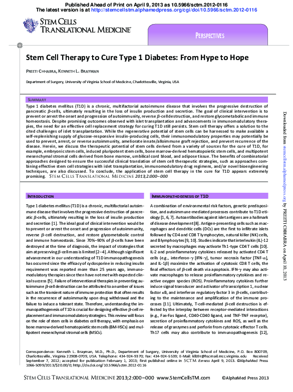 (PDF) Stem cell therapy to cure type 1 diabetes: from hype to hope