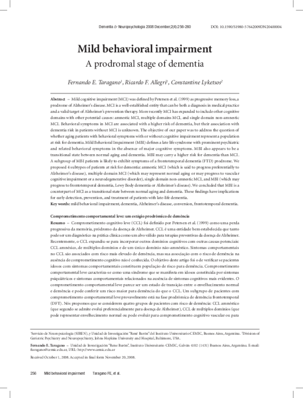 (PDF) Mild behavioral impairment: A prodromal stage of dementia