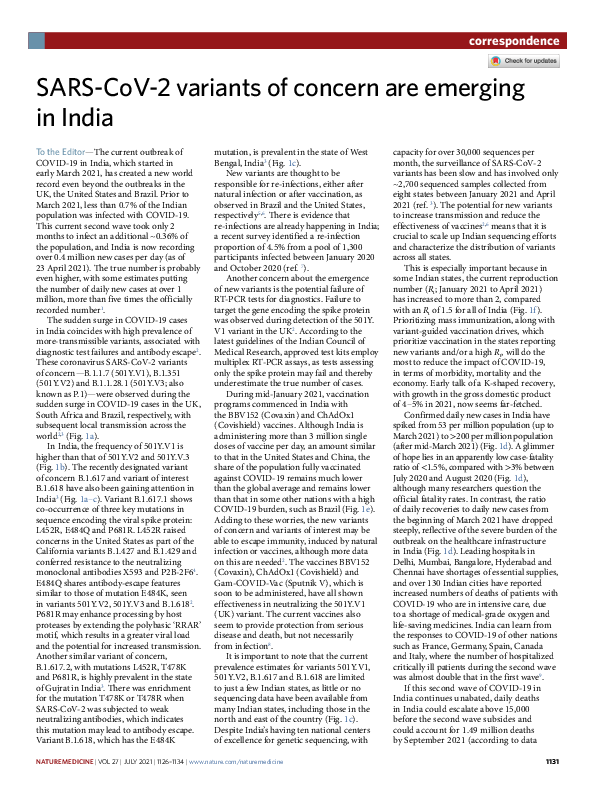 (PDF) SARS-CoV-2 variants of concern are emerging in India