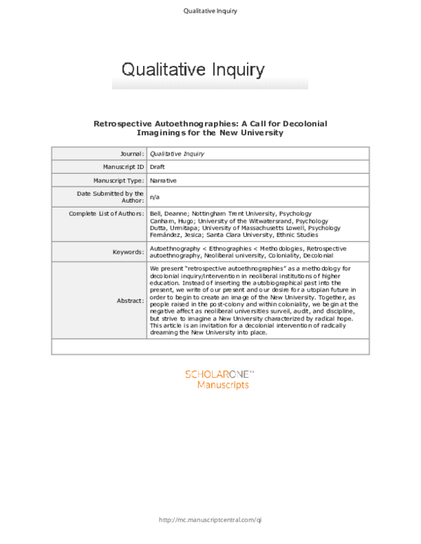 (PDF) Retrospective Autoethnographies: A Call for Decolonial Imaginings ...