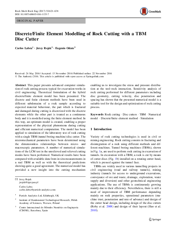 (PDF) Discrete/Finite Element Modelling of Rock Cutting with a TBM Disc Cutter