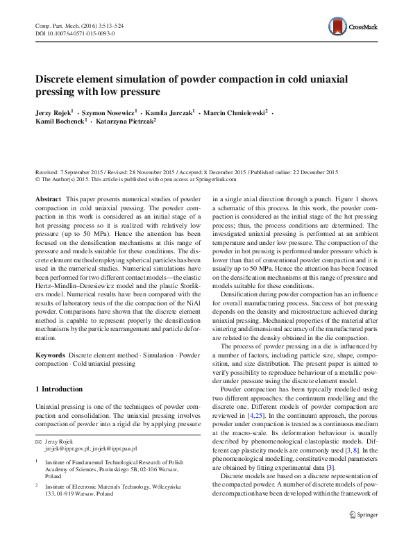(PDF) Discrete element simulation of powder compaction in cold uniaxial pressing with low pressure