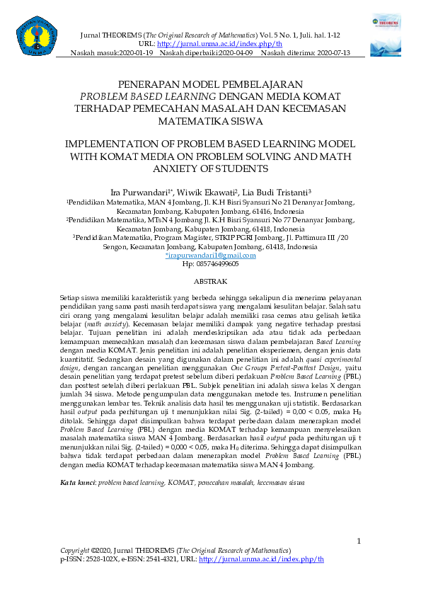 (PDF) Penerapan Model Pembelajaran Problem Based Learning Dengan Media Komat Terhadap Pemecahan ...
