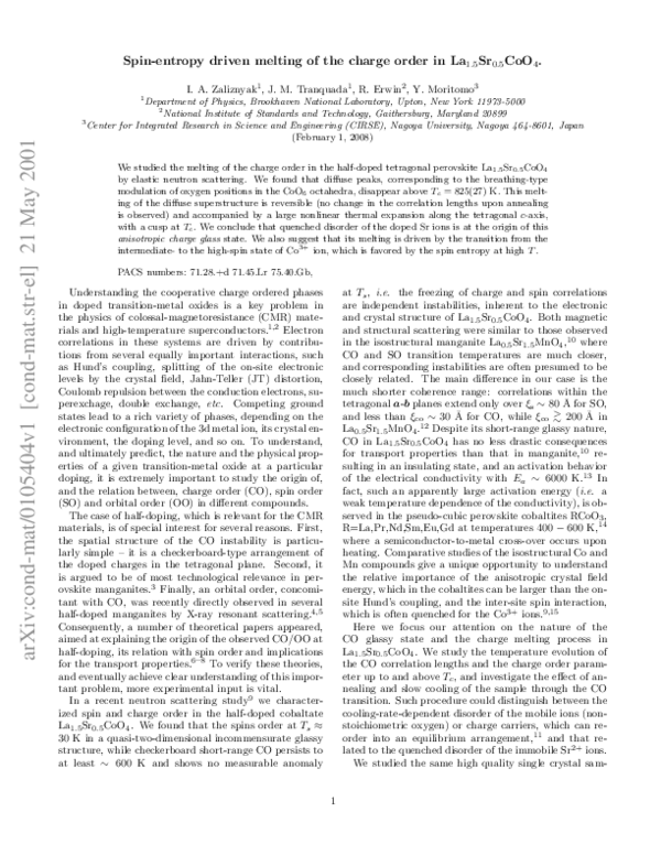 (PDF) Spin-entropy-driven melting of the charge order in La1.5Sr0.5CoO4