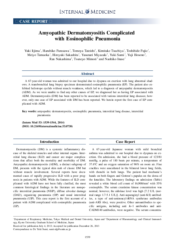 (PDF) Amyopathic dermatomyositis complicated with eosinophilic pneumonia