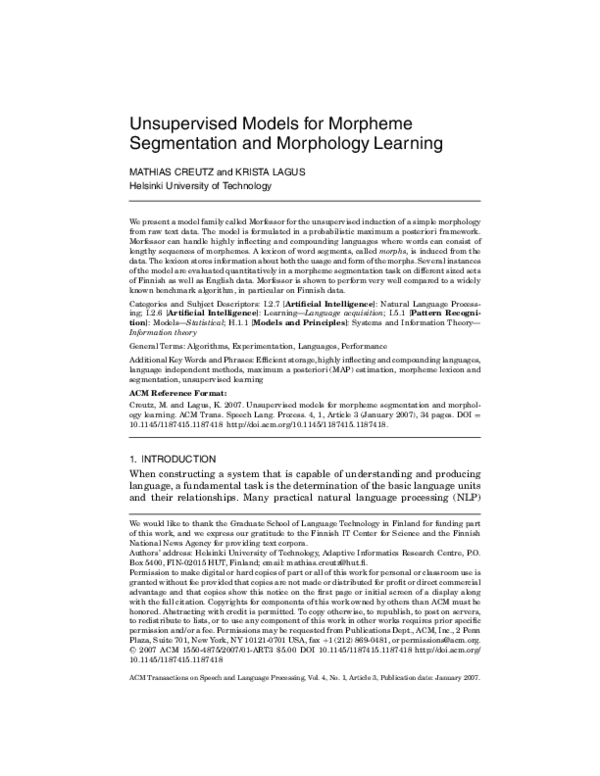 Pdf Unsupervised Models For Morpheme Segmentation And Morphology Learning