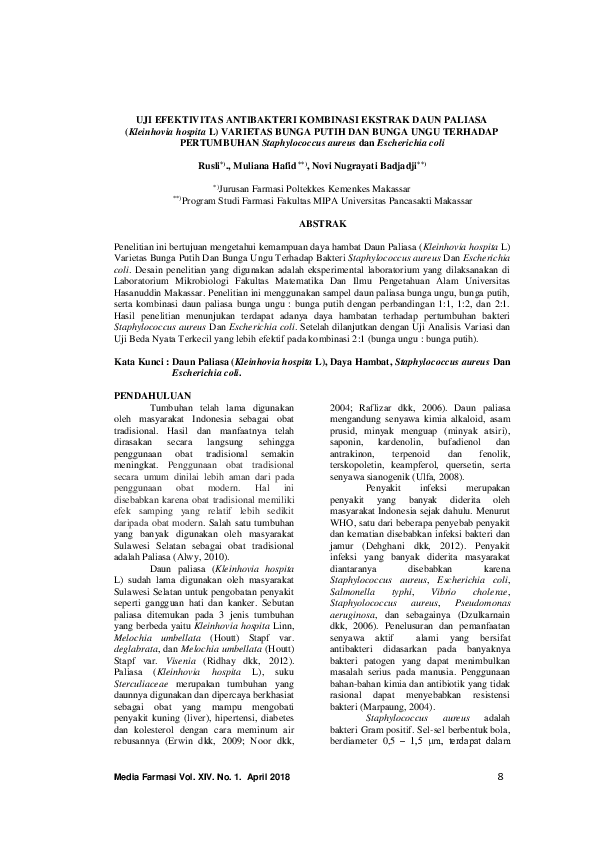 (PDF) UJI EFEKTIVITAS ANTIBAKTERI KOMBINASI EKSTRAK DAUN PALIASA ...