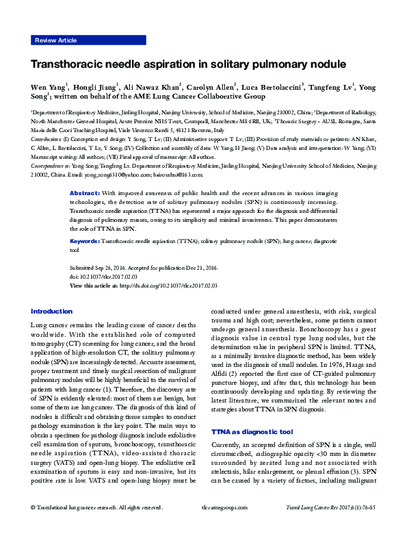 (PDF) Transthoracic needle aspiration in solitary pulmonary nodule
