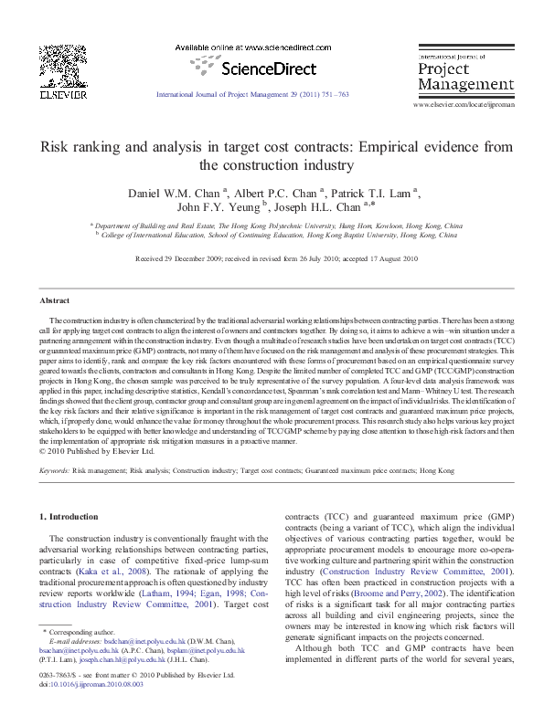 (PDF) Risk ranking and analysis in target cost contracts: Empirical ...