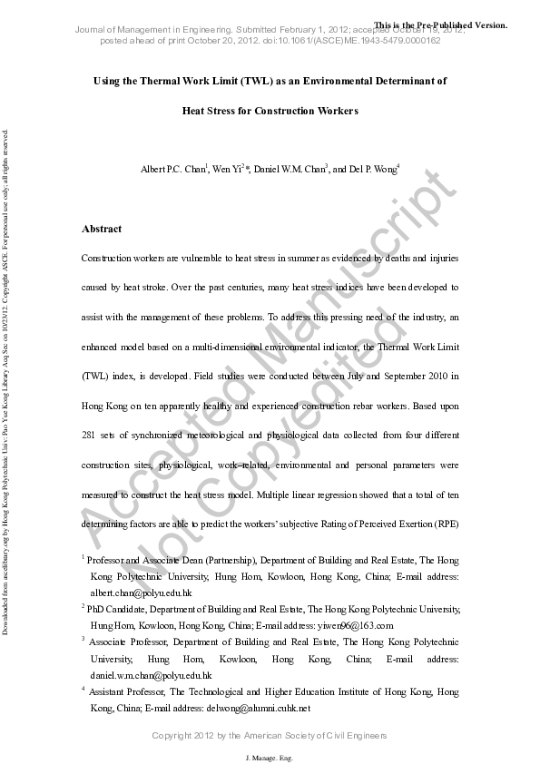 (PDF) Using the Thermal Work Limit as an Environmental Determinant of ...