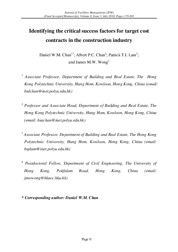 (PDF) Identifying the critical success factors for target cost ...