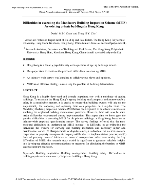 (PDF) Difficulties in executing the Mandatory Building Inspection ...