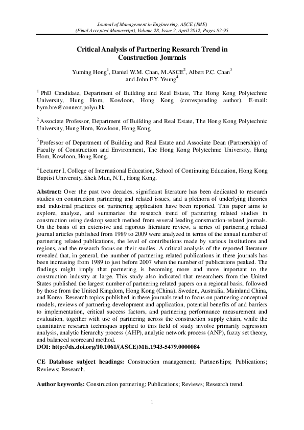 (PDF) Critical Analysis of Partnering Research Trend in Construction ...