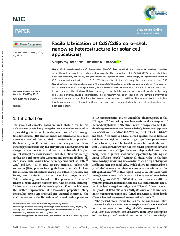 (PDF) Facile fabrication of CdS/CdSe core-shell nanowire heterostructure for solar cell applications