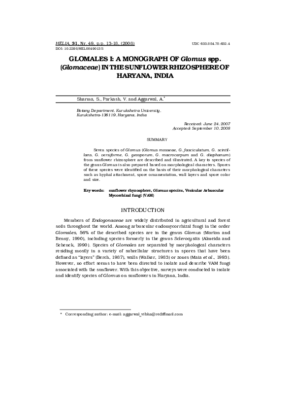(PDF) Glomales I: A monograph of Glomus spp. (Glomaceae) in the ...