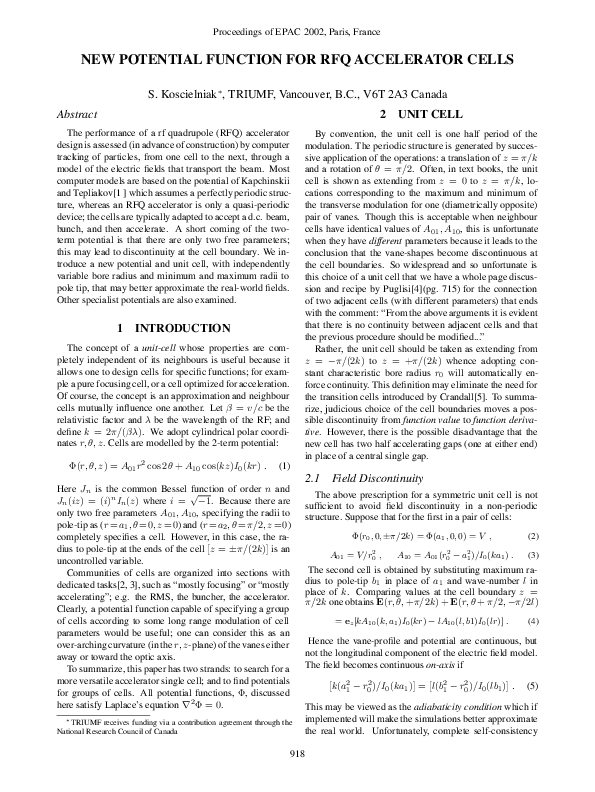 (PDF) New Potential Function For RFQ Accelerator Cells