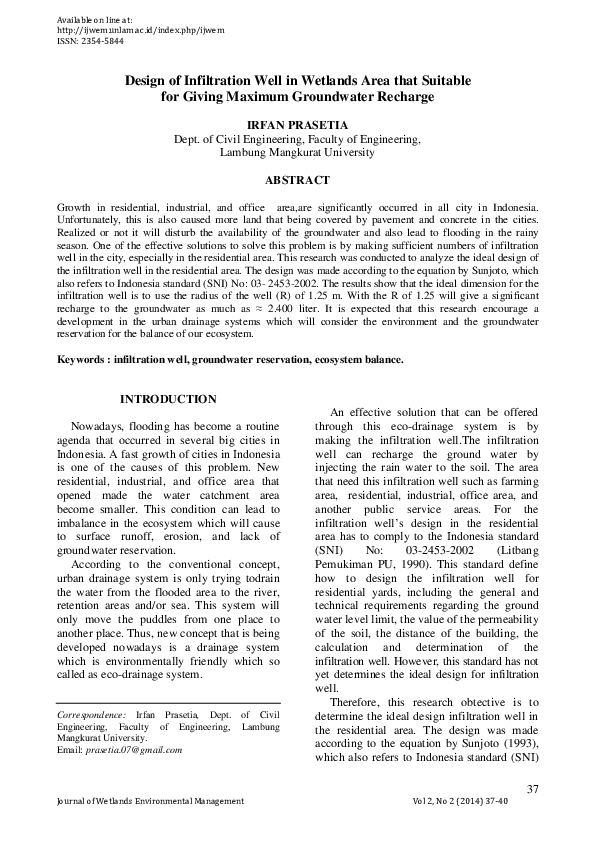 (PDF) Design of Infiltration Well in Wetlands Area that Suitable for ...