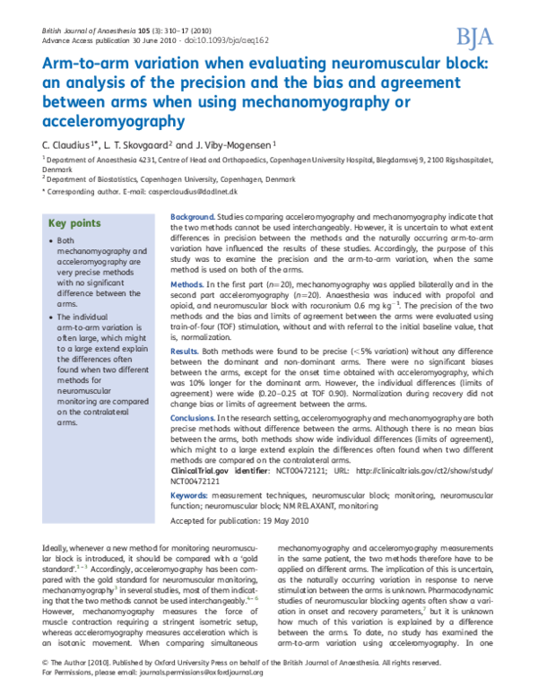 (PDF) Arm-to-arm variation when evaluating neuromuscular block: an ...