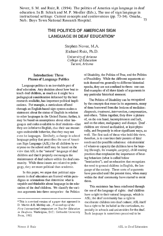 (PDF) THE POLITICS OF AMERICAN SIGN LANGUAGE IN DEAF EDUCATION
