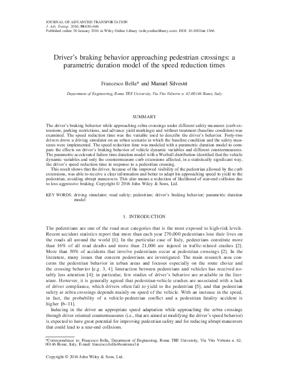 (PDF) Driver's braking behavior approaching pedestrian crossings: a ...
