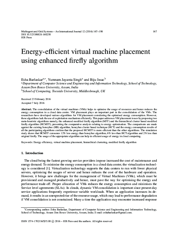 Pdf Energy Efficient Virtual Machine Placement Using Enhanced Firefly Algorithm Yumnam