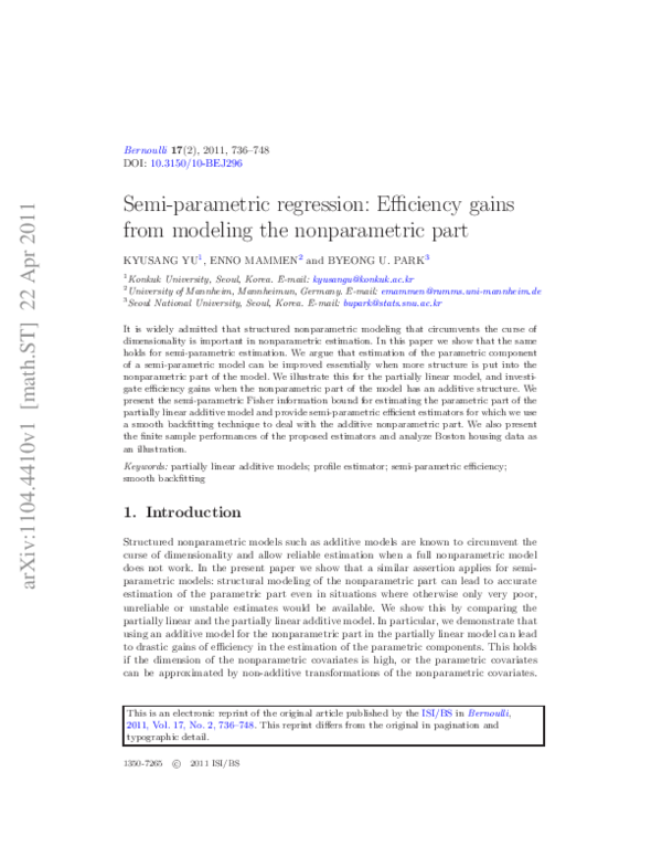 (PDF) Semi-parametric regression: Efficiency gains from modeling the nonparametric part